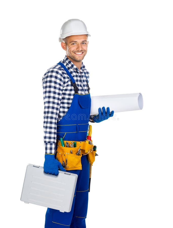 Side View of Happy Construction Worker with Toolbox and Drawings Stock ...