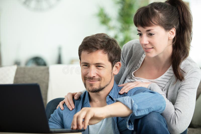 Side View Happy Couple Searching Information on Line Stock Photo ...