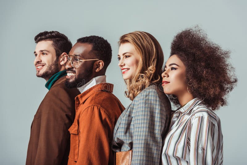 Side View of Happy Multicultural Retro Styled Friends Looking Away ...