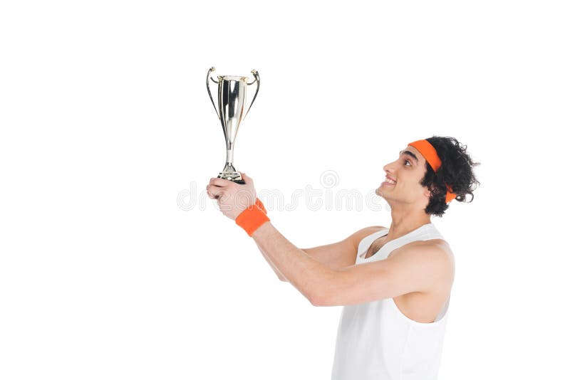 Side View of Happy Thin Sportsman Holding Trophy Stock Photo - Image of ...