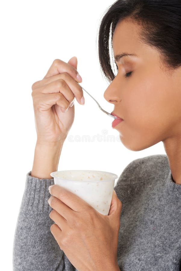 Side View Healthy Woman Eating Yoghurt Stock Photo - Image of lifestyle ...