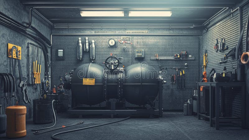 Side View of Heavy-duty Industrial Air Compressor in Workshop Steel ...