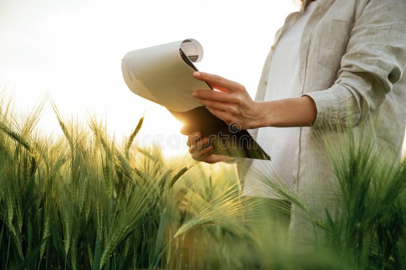 Side View, Holding Notepad with Documents. Woman in White is on the ...
