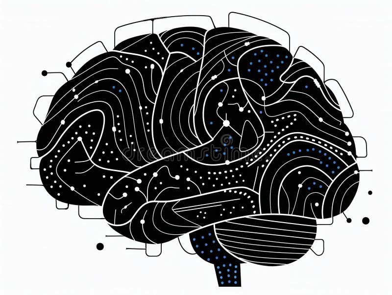 Side View of Human Brain with Abstract Patterns and Blue Dots ...