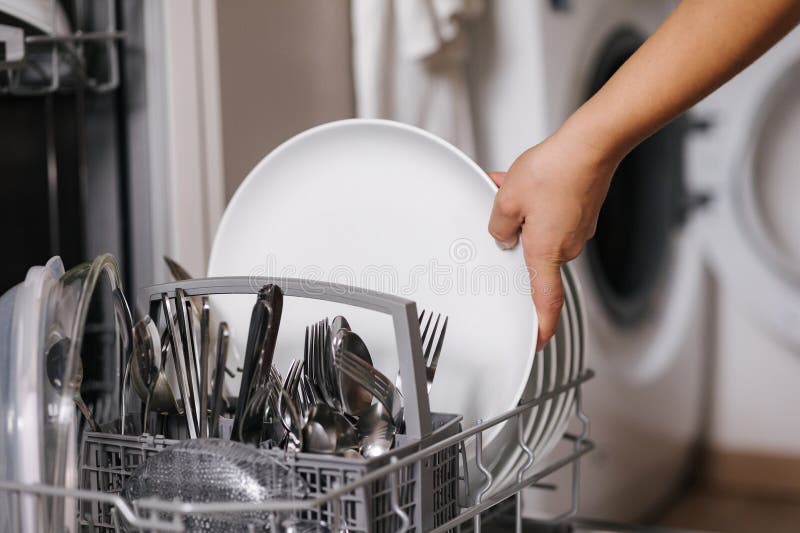 Side View of Human Hand Removing Clean Plates from a Loaded Dishwasher ...