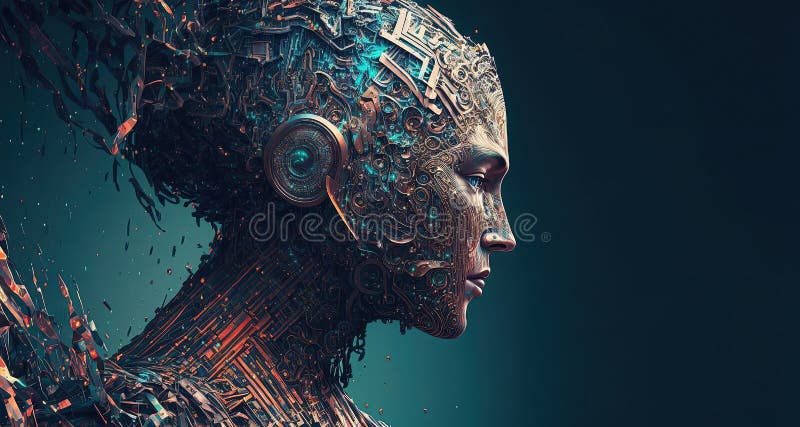 Side View of a Humanoid Cyber Girl with a Neural Network. Artificial ...
