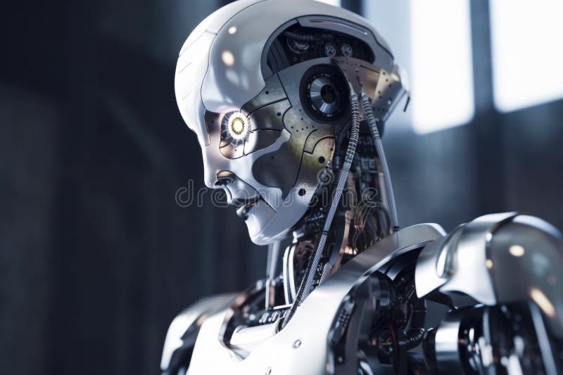 A Side View of a Humanoid Head with a Neon Neural Network, Representing ...