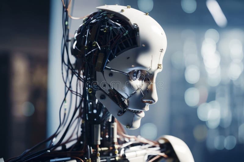 A Side View of a Humanoid Head with a Neon Neural Network, Representing ...