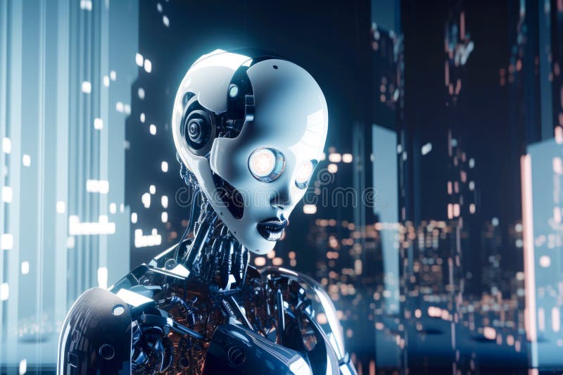 A Side View of a Humanoid Head with a Neon Neural Network, Representing Futuristic Technology ...