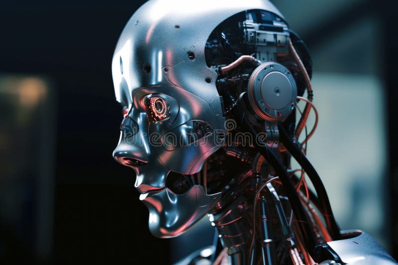 A Side View of a Humanoid Head with a Neon Neural Network, Representing ...
