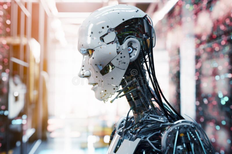 A Side View of a Humanoid Head with a Neon Neural Network, Representing ...