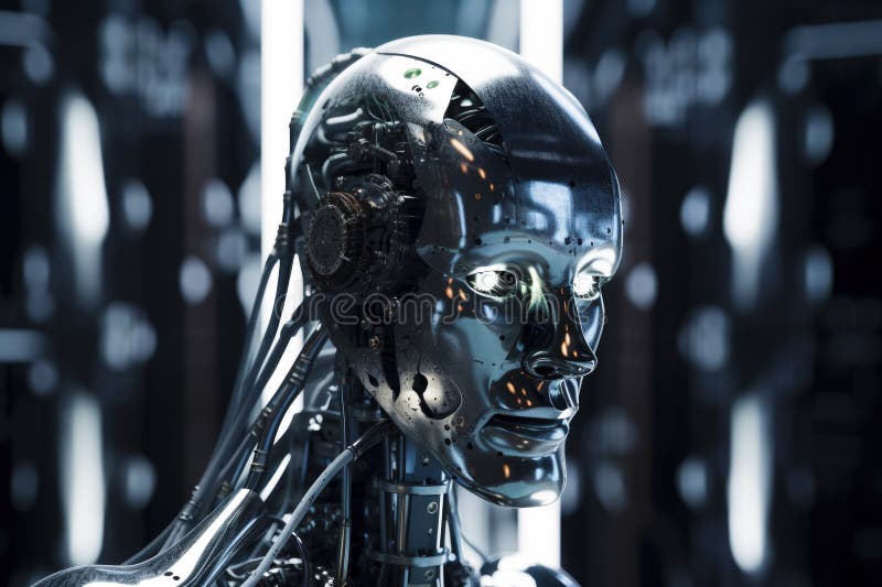 A Side View of a Humanoid Head with a Neon Neural Network, Representing ...