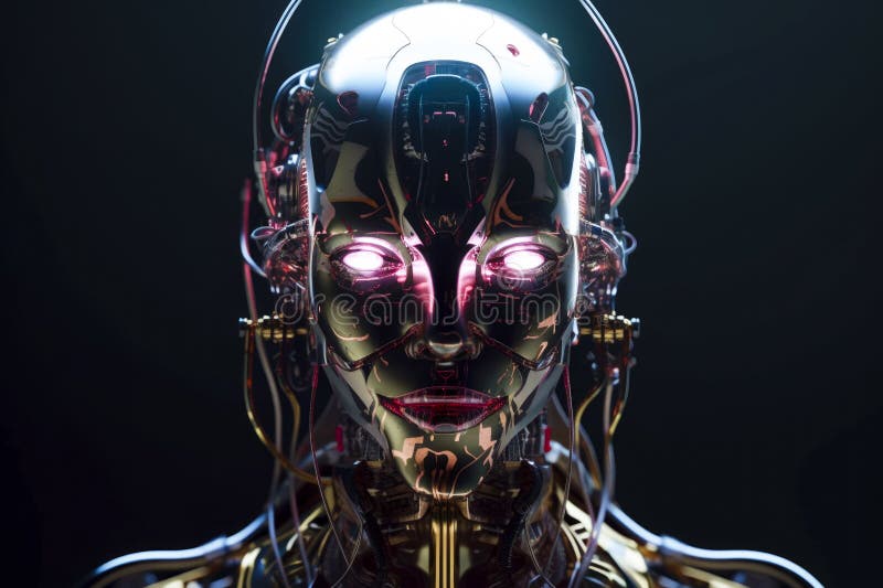 A Side View of a Humanoid Head with a Neon Neural Network, Representing ...
