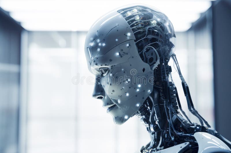 Side View of a Humanoid Head with a Neon Neural Network, Representing ...