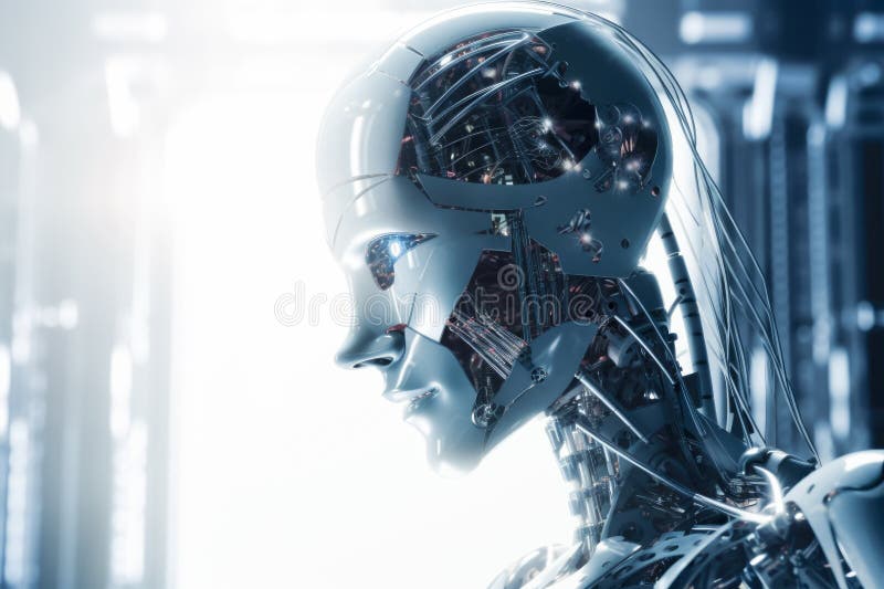 A Side View of a Humanoid Head with a Neon Neural Network, Representing Futuristic Technology ...