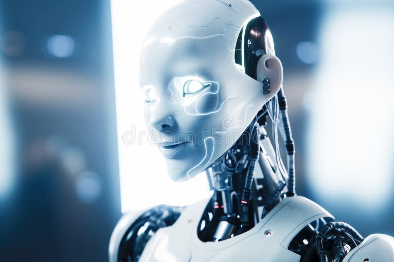 Side View of a Humanoid Head with a Neon Neural Network, Representing ...