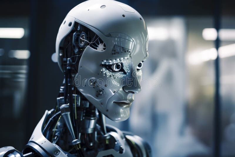 Side View of a Humanoid Head with a Neon Neural Network, Representing ...