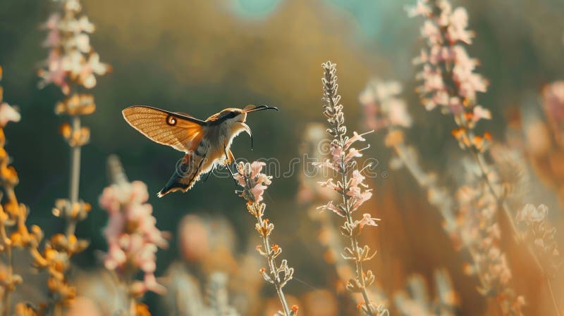 Side View of Hummingbird Hawk Moth Hovering in Air while Feeding Nectar ...