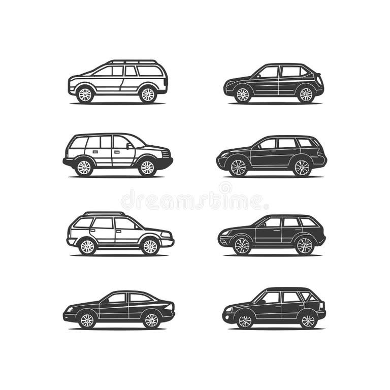 Collection of Eight Different Car Models: Side View Illustrations Stock ...