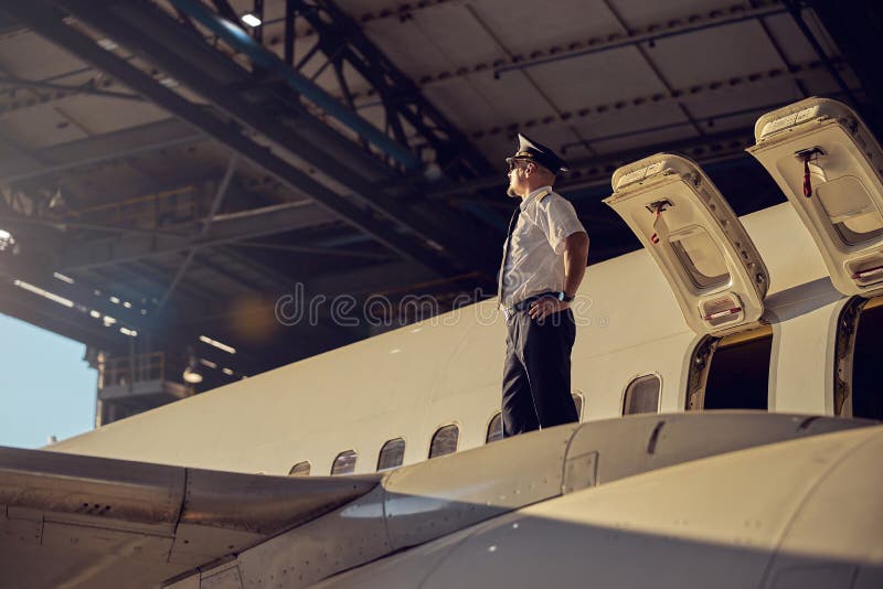 Captain of Passenger Aircraft Looking into the Distance on the Plane ...