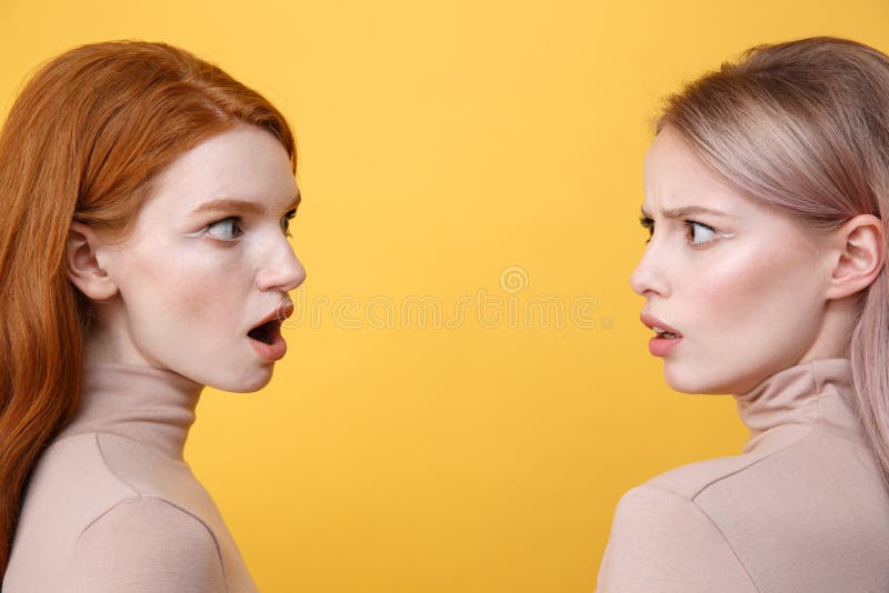 Side View Image of Shocked Young Two Ladies Stock Photo - Image of view ...