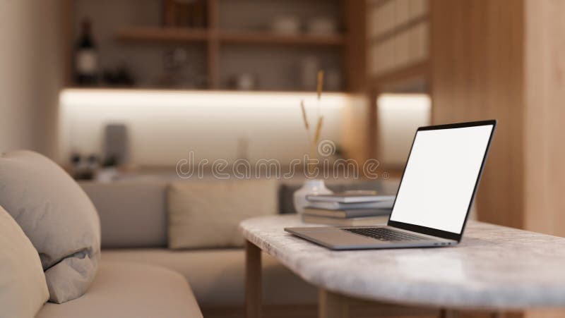 Side View Image of a White-screen Laptop Computer on a Coffee Table in ...