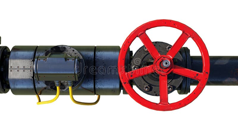 Side View of Industrial Pipeline with Red Wheel Valves. Isolated on ...