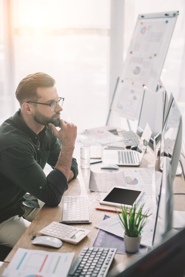 Side View of Information Security Analyst Working Stock Image - Image ...