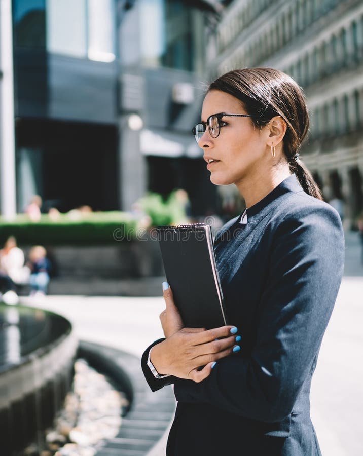 Side View of Intelligent Female Boss Looking Away and Thinking about ...