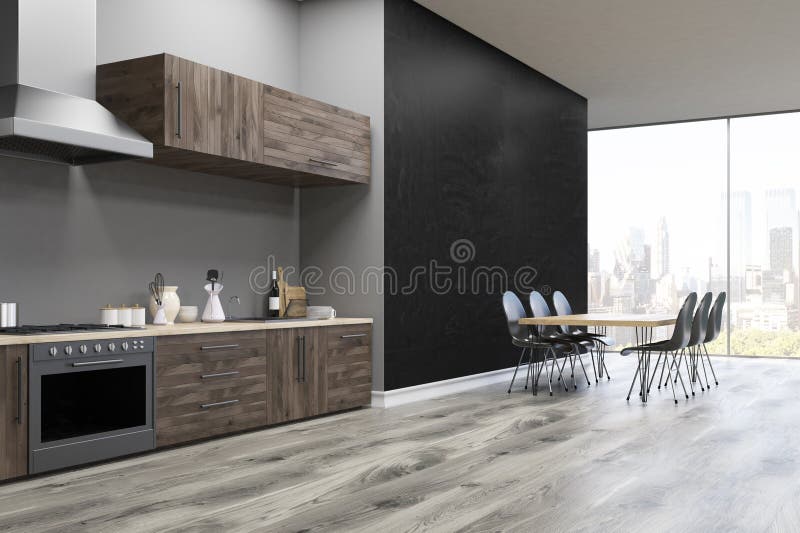 Side View of a Kitchen Interior with Black Wall Stock Illustration ...
