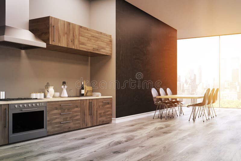 Side View of a Kitchen Interior, Black Wall, Toned Stock Illustration ...