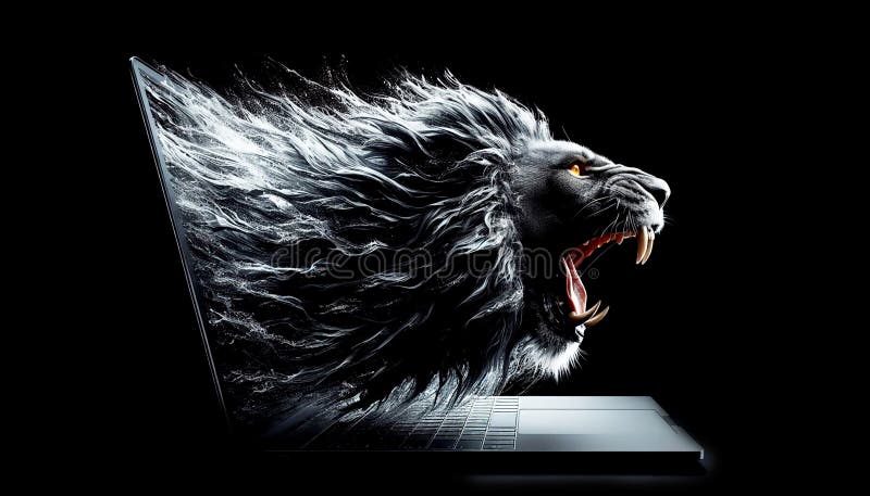 Side View of a Laptop and a Lion Head - Online Security with Black ...