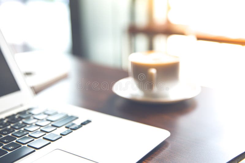 Side View of the Laptop is on the Work Table in a Conner Office. Stock ...