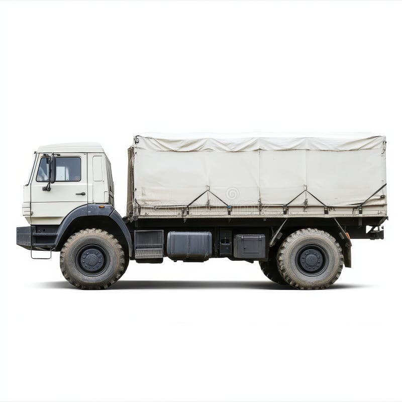 A Side View of a Large Military-style Truck with a Covered Cargo Area ...