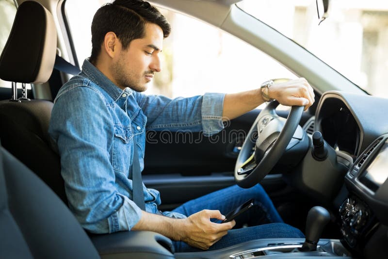Reckless Man Driving Car and Using Phone Stock Photo - Image of driving ...