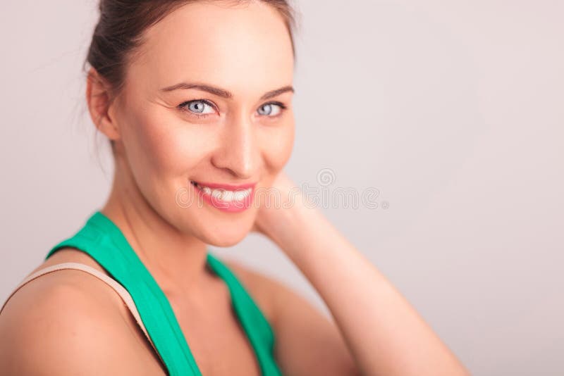 Side View of a Laughing Woman with Blue Eyes Stock Photo - Image of ...