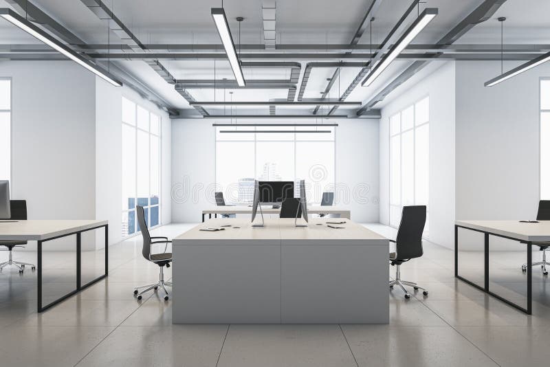 Side View on Light Huge Workspace Table with Modern Computers on Light ...