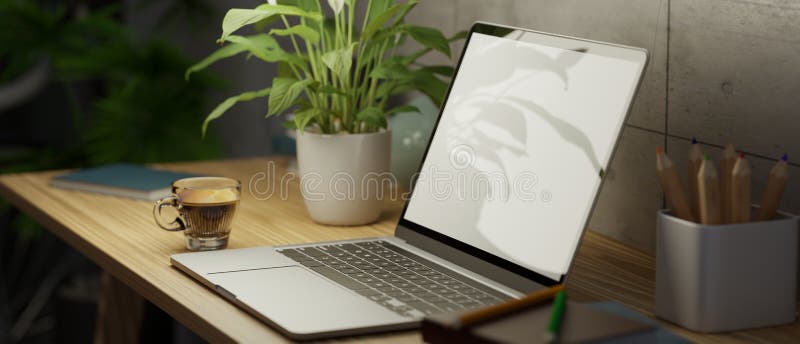 Side View of Loft Home Working Space Interior with Opened Laptop ...
