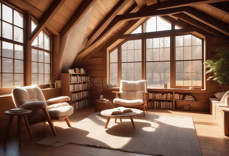 Side View of a Loft Room with Exposed Wooden Beams Stock Illustration ...