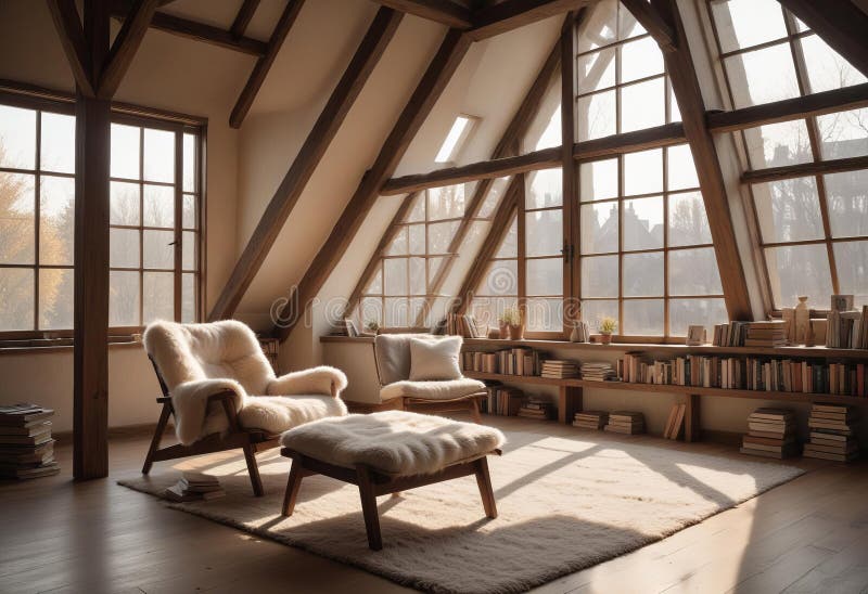Side View of a Loft Room with Exposed Wooden Beams Stock Illustration ...
