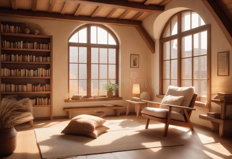 Side View of a Loft Room with Exposed Wooden Beams Stock Illustration ...