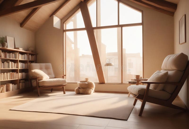Side View of a Loft Room with Exposed Wooden Beams Stock Illustration ...