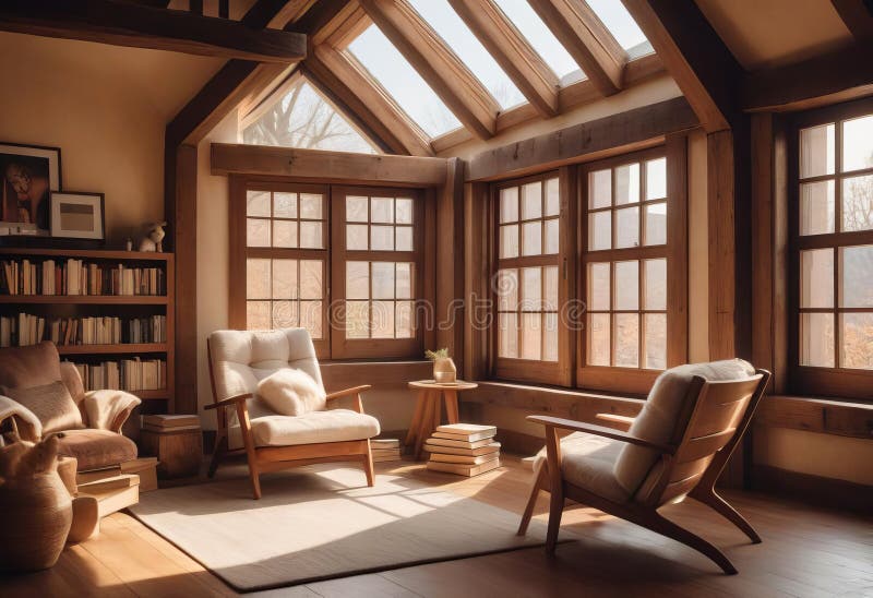 Side View of a Loft Room with Exposed Wooden Beams Stock Illustration ...