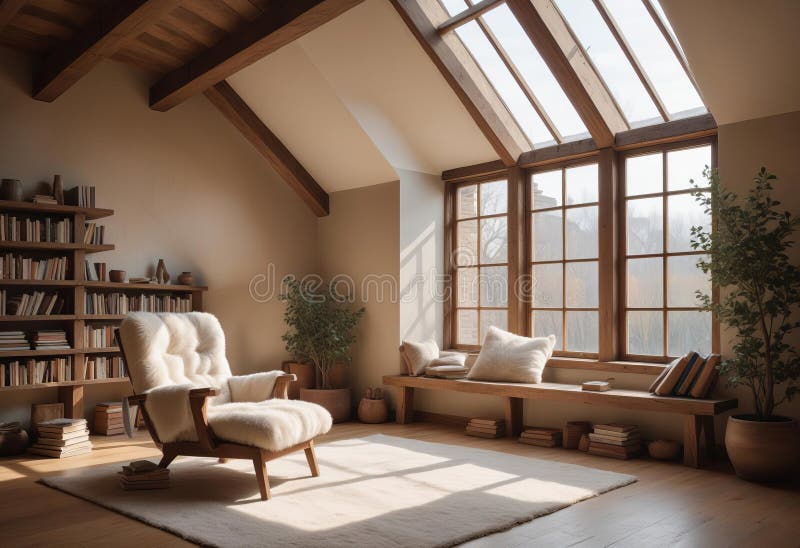 Side View of a Loft Room with Exposed Wooden Beams Stock Illustration ...