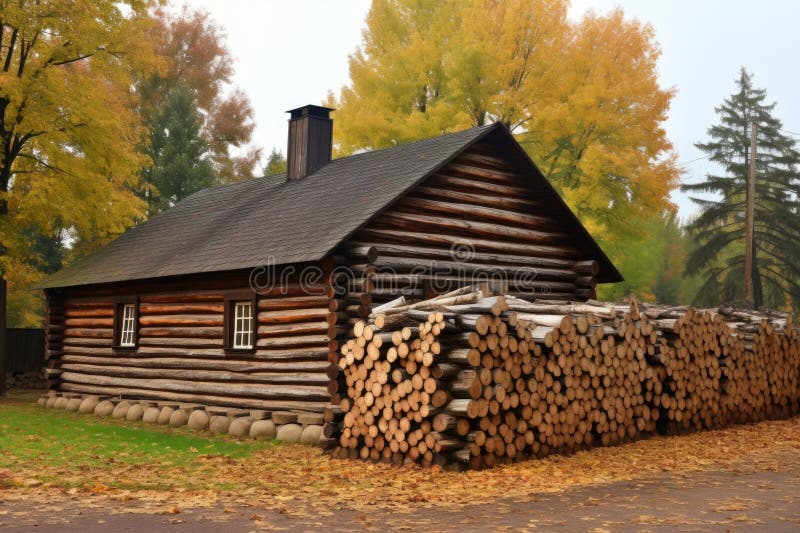 Side View of a Log Cabin with a Woodpile Stacked Against Its Wall Stock ...
