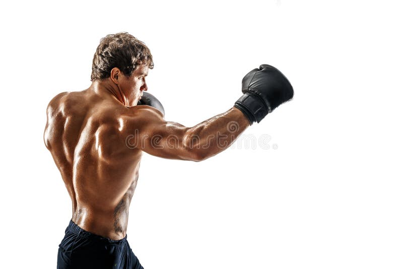 Side View of Boxer in Gloves Who Training and Practicing Right Hook on ...