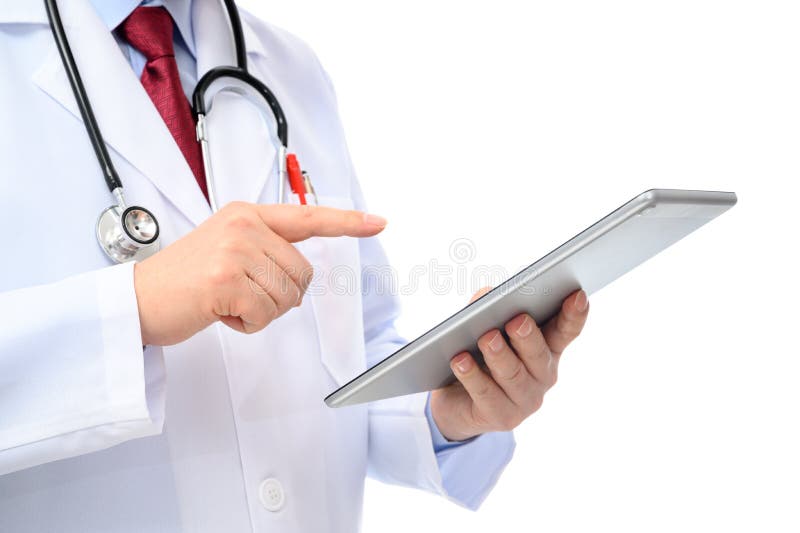 A Side View of a Male Doctor Using a Tablet on a White Background Stock ...