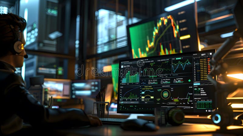 Side View of a Male Trader Sitting at a Table and Using a Laptop, 3D ...