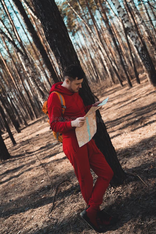Traveling Man with Map in Woods. Side View of Man with Backpack Reading ...