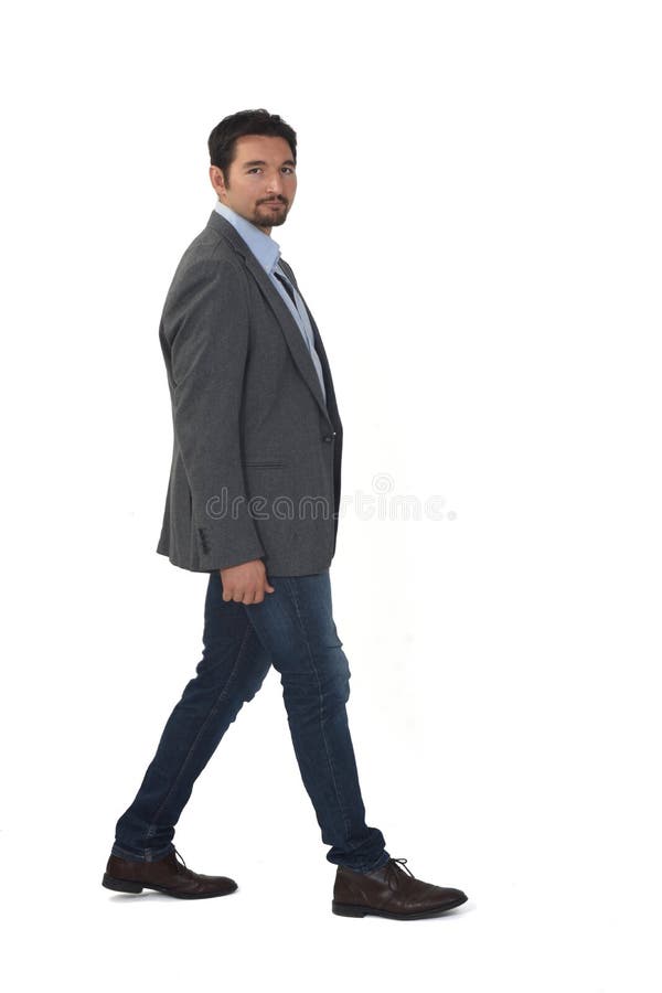 Side View of a Man with Blazer Walking on White Background Stock Image ...